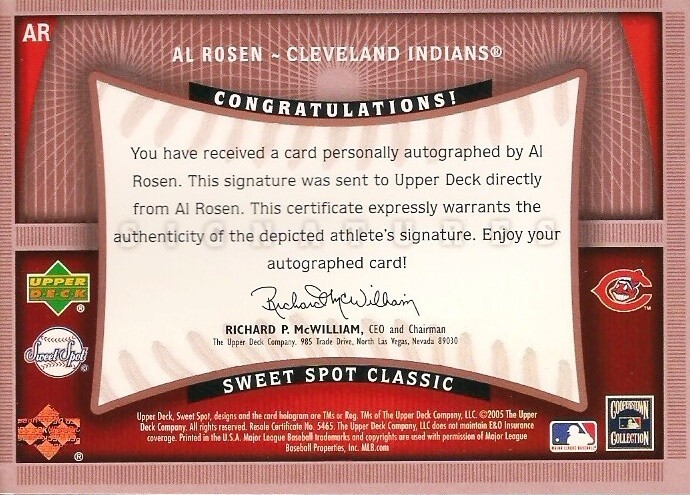 AL ROSEN 2005 Upper Deck Sweet Spot Classic Autograph Cleveland Indians ...