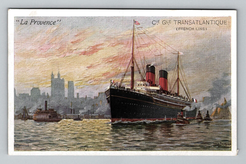 Steamer Ship La Provence French Line Tug Boats Scenic Harbor View 1900s ...