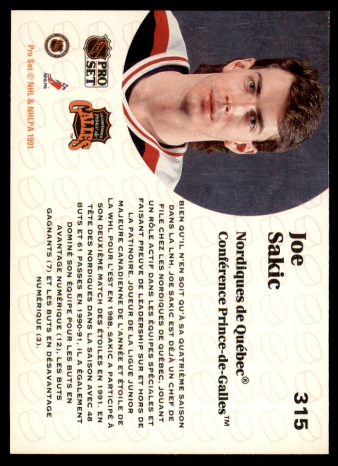 1991-92 Pro Set French #315 Joe Sakic Quebec Nordiques | eBay