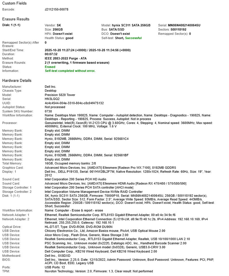 Dell Workstation Precision 5820 Tower Xeon W-2123 16GB 256GB Radeon Pro ...