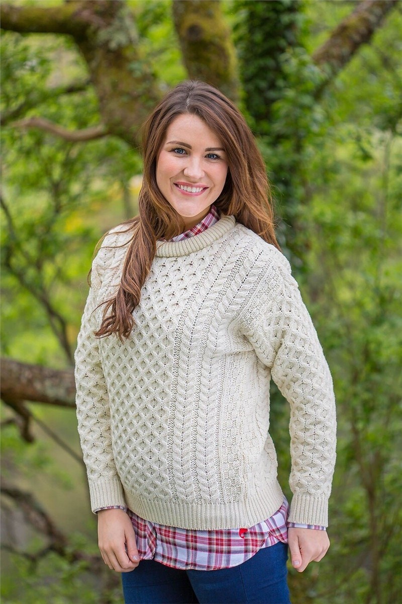 Aran Cable Knit Traditional Pattern Women's Irish Wool Sweater - 100% ...