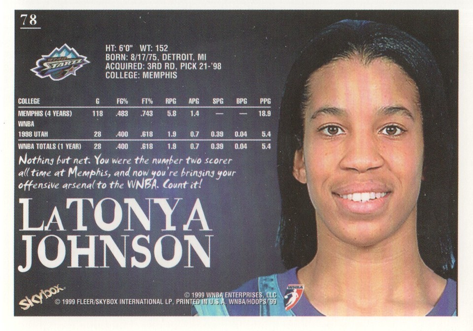 1999 Hoops WNBA Trading Card #78 LaTonya Johnson RC Utah Starzz | eBay