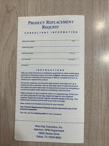 MARY KAY PRODUCT REPLACEMENT REQUEST CONSULTANT INFORMATION CUSTOMER ...