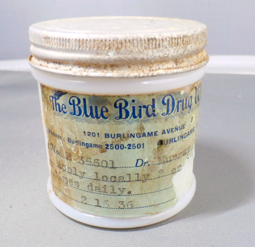 Vintage Blue Bird Drug Co Bottle with Cap - White Glass w/Partial Label ...