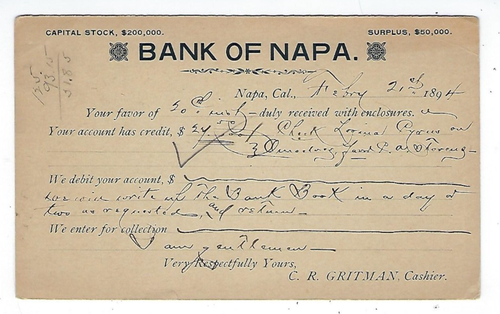 189 UX10 Postal Card, Napa CA to St Helena CA, Advertising, Bank of ...