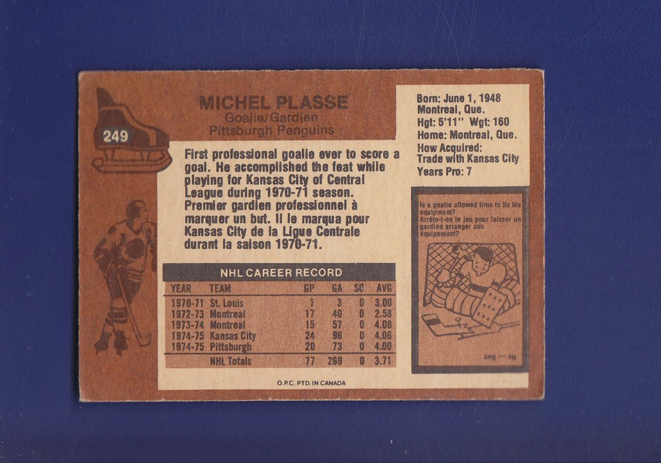 Michel Plasse 1975-76 O-PEE-CHEE OPC NHL Hockey #249 (VGEX) Pittsburgh ...