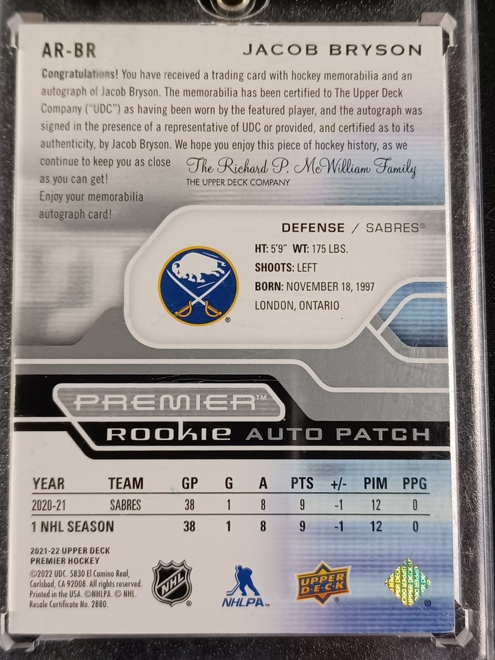 21-22 Upper Deck Premier Rookie Auto Patch Jacob Bryson Auto /249 ...