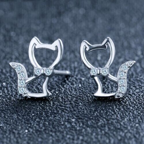 1Ct Round Lab-Created Diamond Cute Little Cat Stud Earring 14k White Gold Plated | eBay