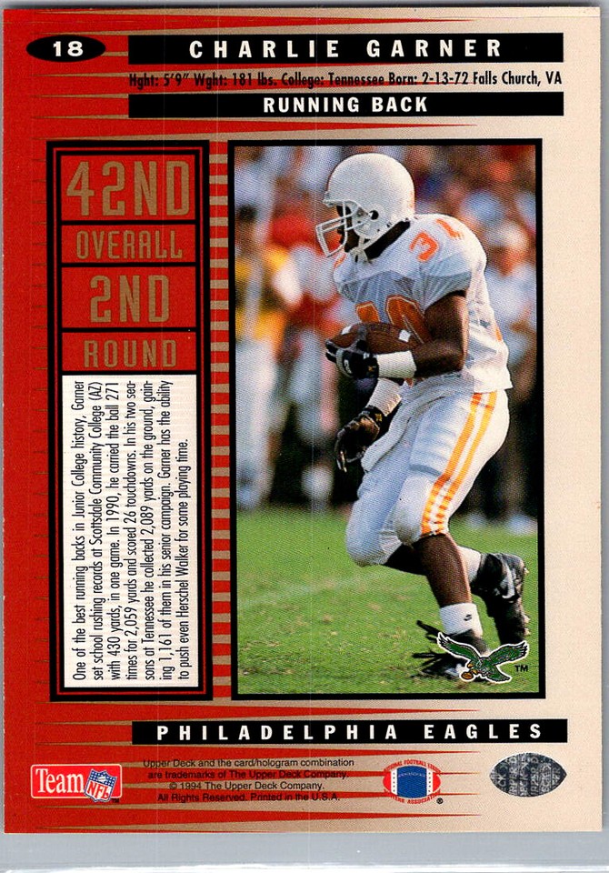 # 18 Charlie Garner Rookie Philadelphia Eagles 1994 Collector's Choice ...