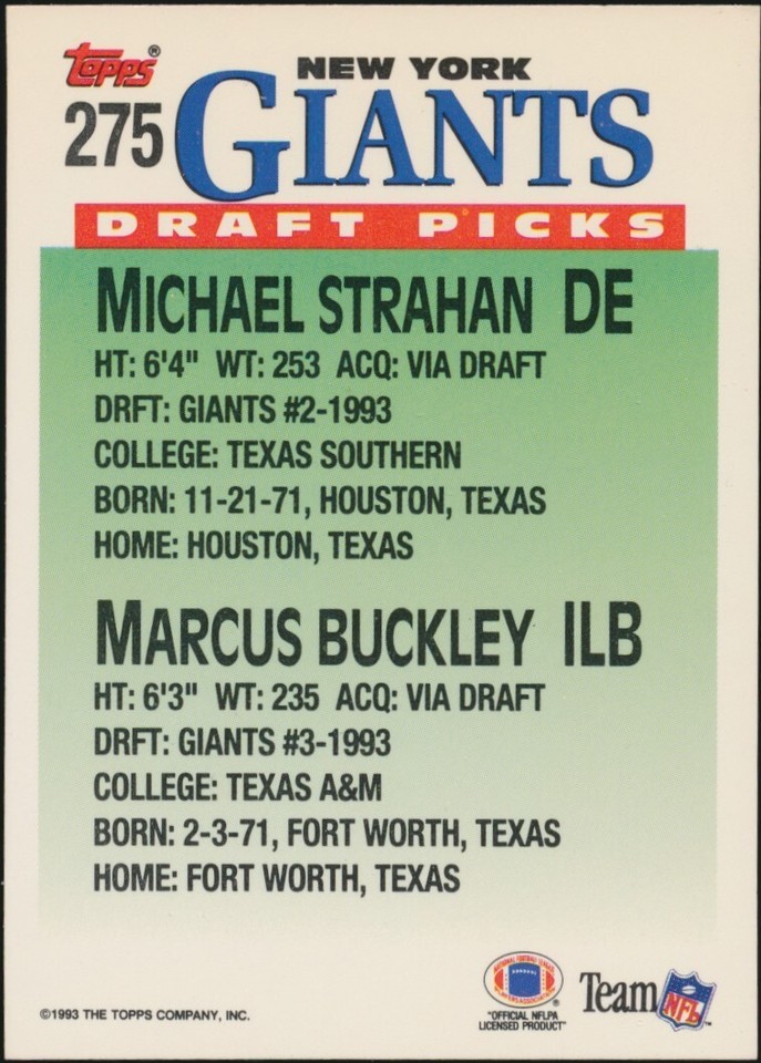 1993 Topps #275 Michael Strahan Marcus Buckley New York Giants Rookies ...