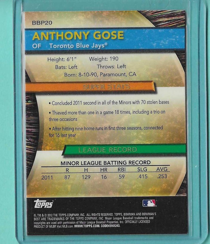 2012 Bowman's Best Prospects Anthony Gose #BBP20 Toronto Blue Jays AB ...