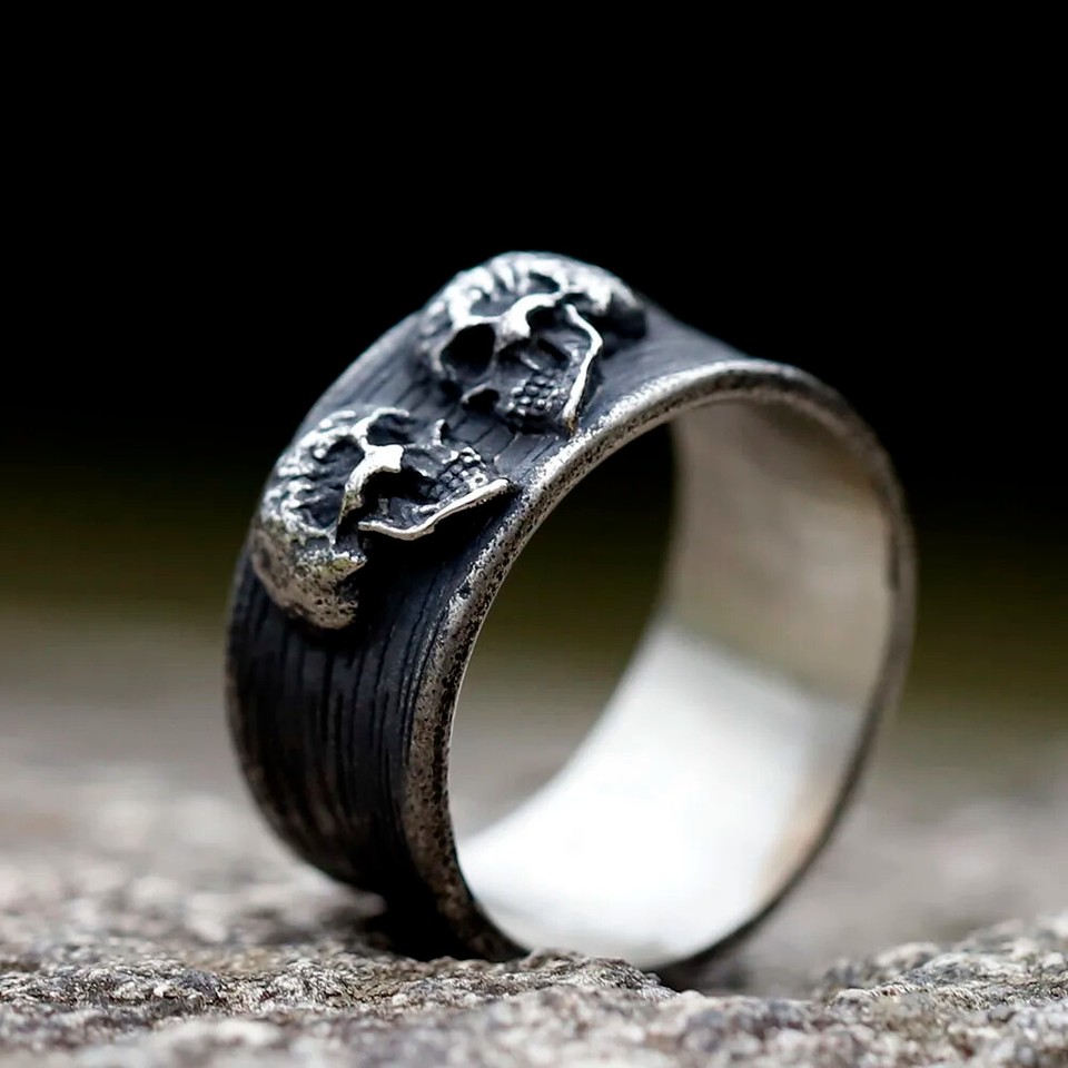 Gothic Double Skull Head Ring Stainless Steel Ring Punk Vintage Men's ...