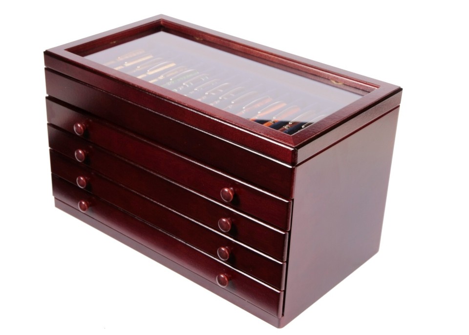 Mahogany Wooden Pen Chest With Glass Top - 76 Pens Display Case ...