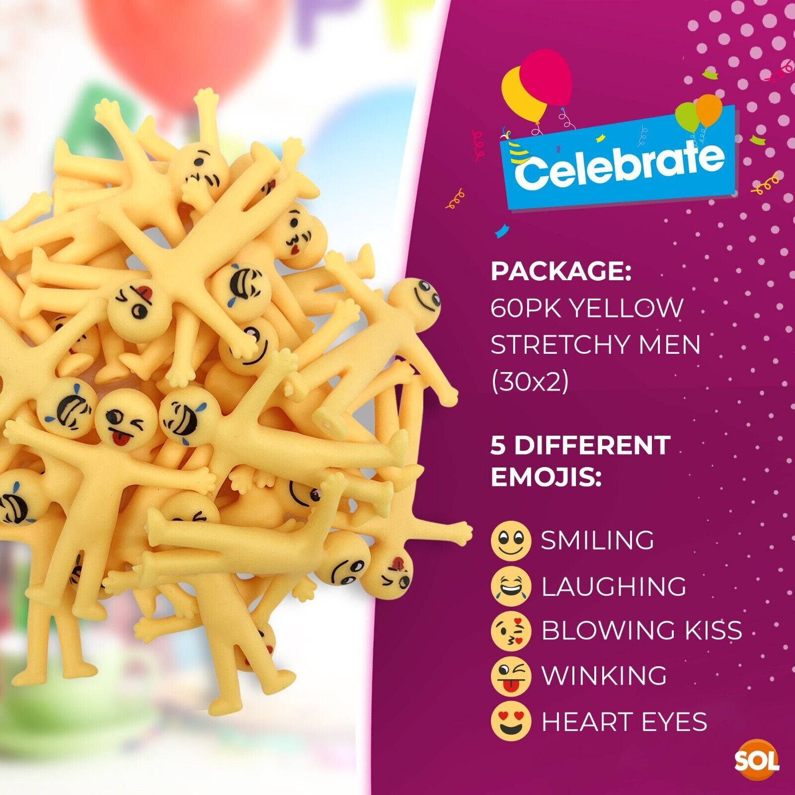 60 Yellow Stretchy Men | Party Bag Fillers Kids Fun Smiley Man Sticky ...