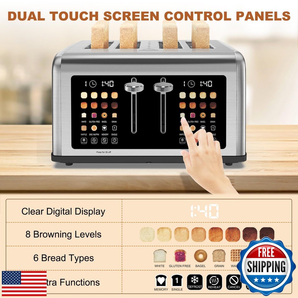 4 Slice Toaster Touch Screen, Stainless Steel Toasters Digital Timer ...