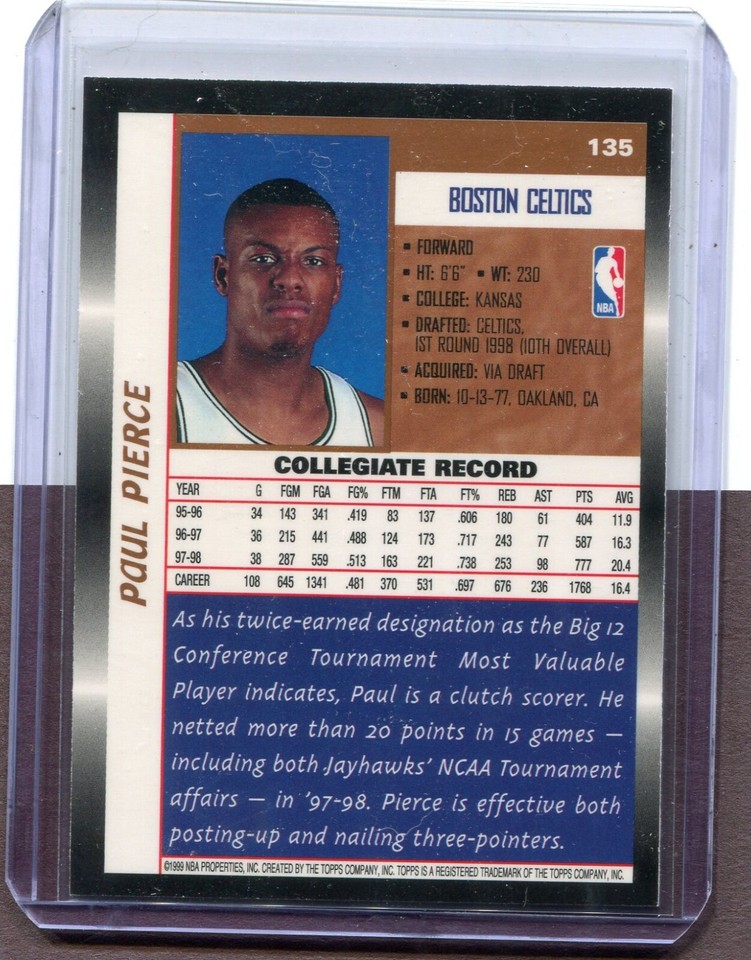 PAUL PIERCE BOSTON CELTICS 1998 TOPPS NBA BASKETBALL ROOKIE CARD #135 ...