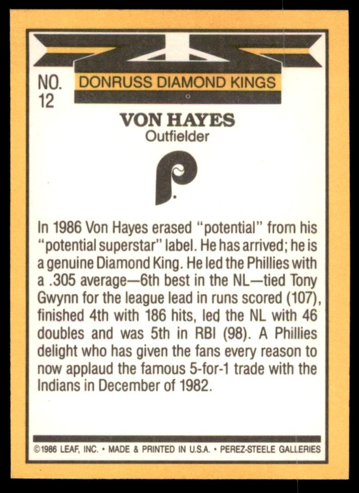 1987 DONRUSS SUPER DIAMOND KINGS VON HAYES PHILADELPHIA PHILLIES #12 | eBay