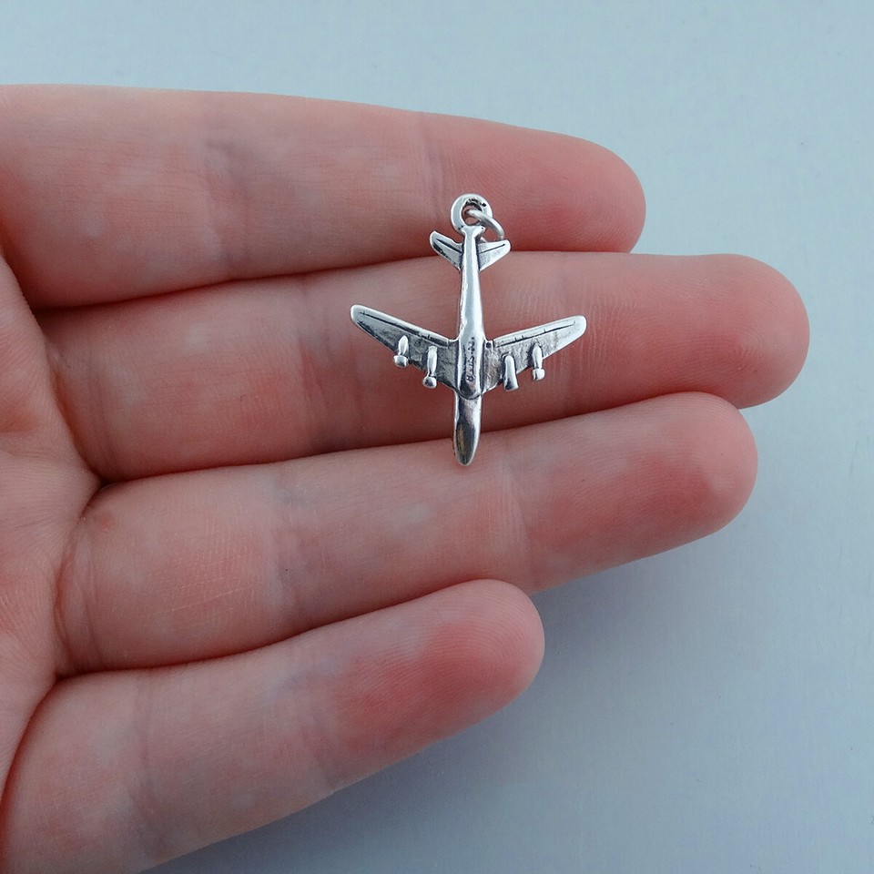 Jet Airplane Charm - 925 Sterling Silver Plane Flight Attendant Travel ...
