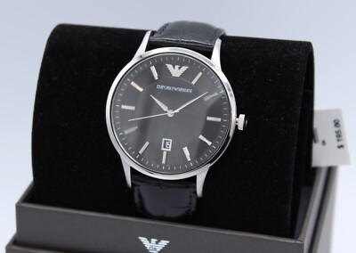 NEW AUTHENTIC EMPORIO ARMANI RENATO SLIM SILVER BLACK LEATHER AR11186 ...