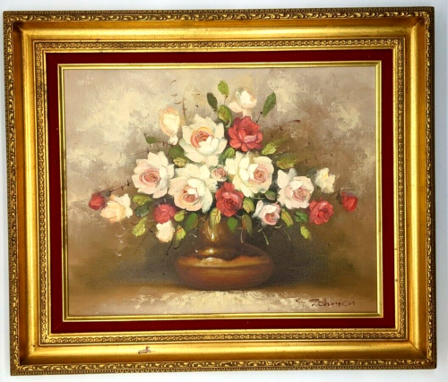 Lovely Vintage Still Life Flowers Oil Painting On Canvas Signed C ...