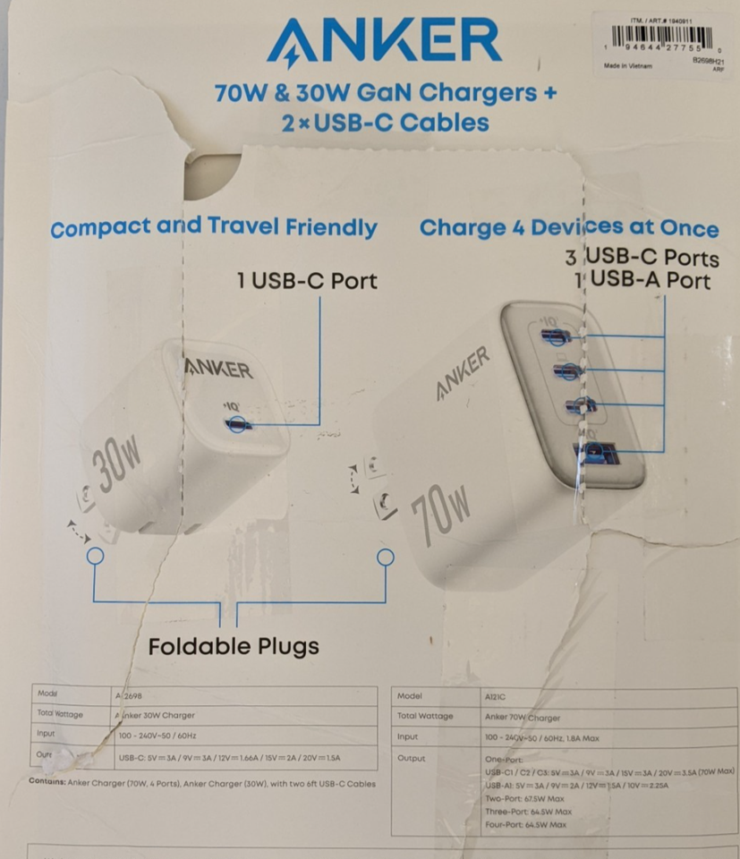 Anker 70W/30W Wall Charger Bundle Foldable Plugs 2 6ft USB C-C Cables ...