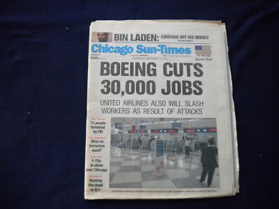 2001 SEPTEMBER 19 CHICAGO SUN-TIMES NEWSPAPER -BOEING CUTS 30,000 JOBS ...