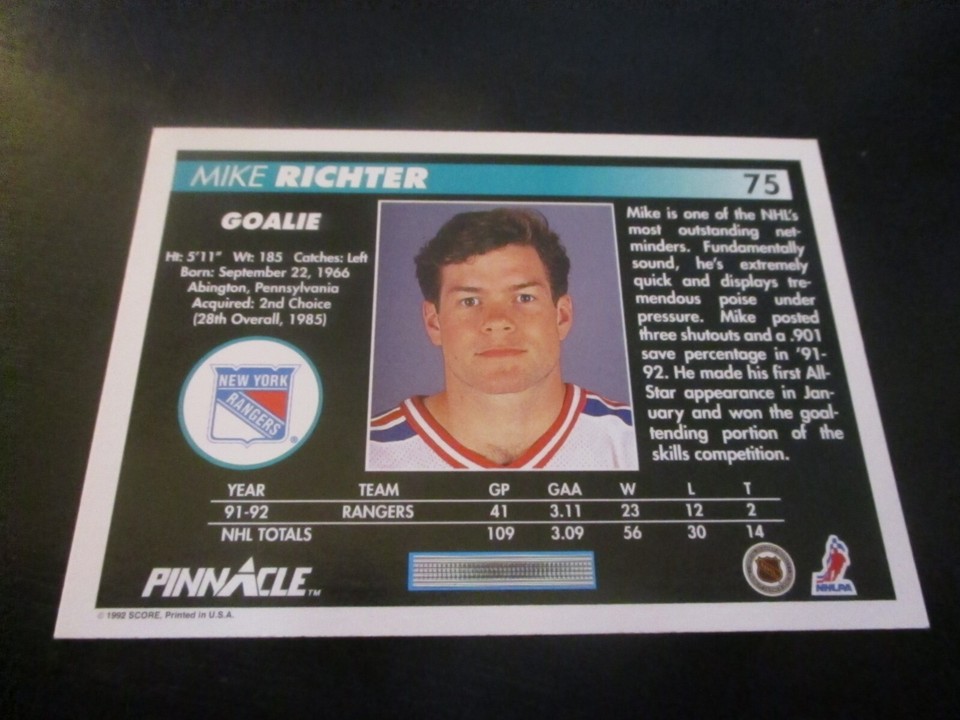 mike richter (new york rangers - goalie) 1992/93 pinnacle card #75 mint ...
