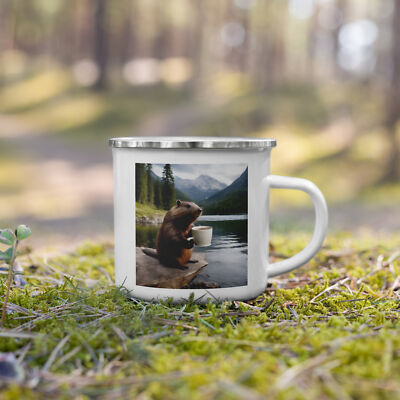 beaver enjoying coffee Enamel Mug cup teacup animal nature camping | eBay