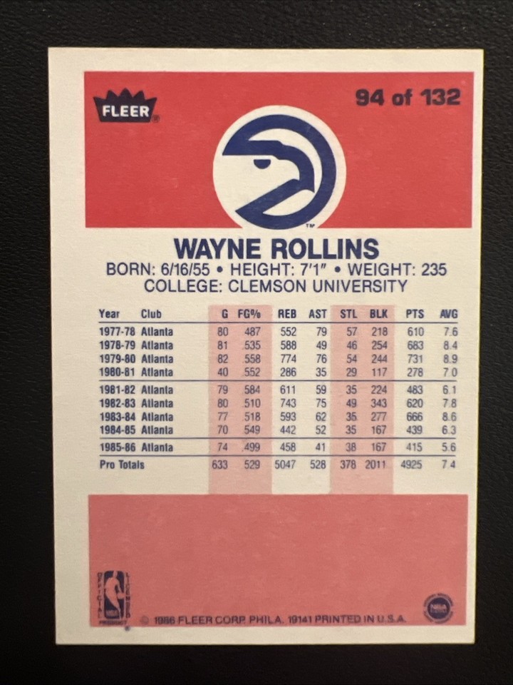 1986 Fleer Basketball #94 Wayne Rollins EX W/ Awesome Corners! | eBay
