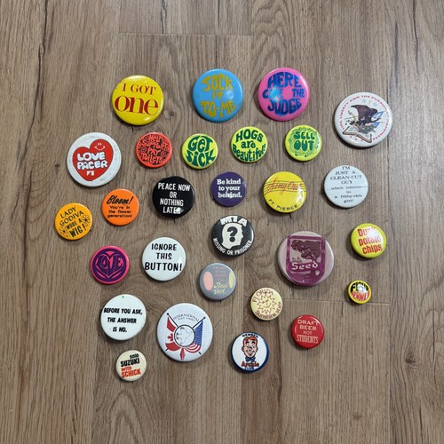 Huge Lot 27 Vintage 1960s 70s Pinback Buttons Hippie Counterculture ...