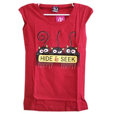 Women's Cotton Tee, Red Hide & Seek Text With Cats T Shirt, Tops L-24 ...