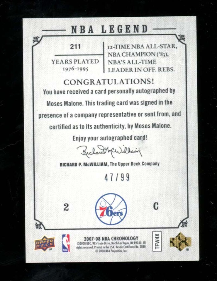 2007-08 Upper Deck Chronology Moses Malone Autograph Auto /99 76ers ...