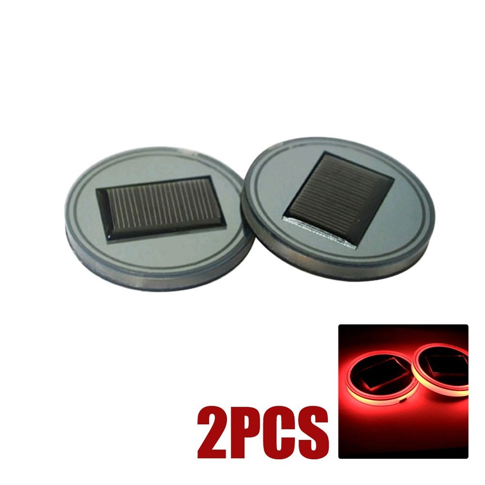 2pcs Red LED Solar Cup Pad Car Lamp Cover Interior Decoration Light ...