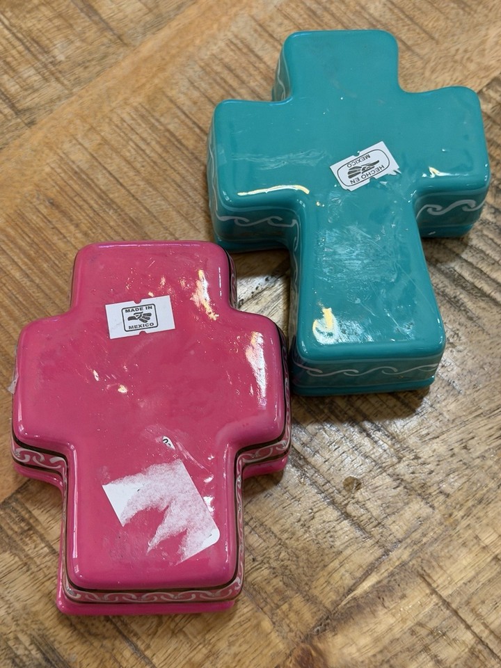 2 Mexican Cross Shape Trinket Boxes Hot Pink, Green 4x5” Hand Painted ...