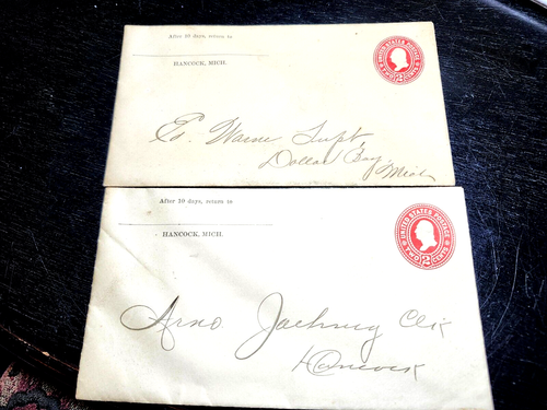 2 2 Cent Mich. Embossed Indicium Red Stamp 1909 Envelope, Hancock MI ...
