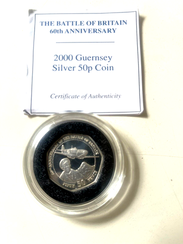 silver proof 2000 Guernsey 50p coin feature "Battle of Britain 60th Ann ...
