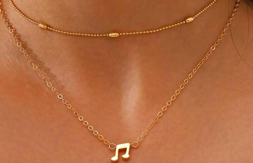 New Boutique Gold Slanted Beamed Eighth Music Note 2 Piece Necklace Set ...