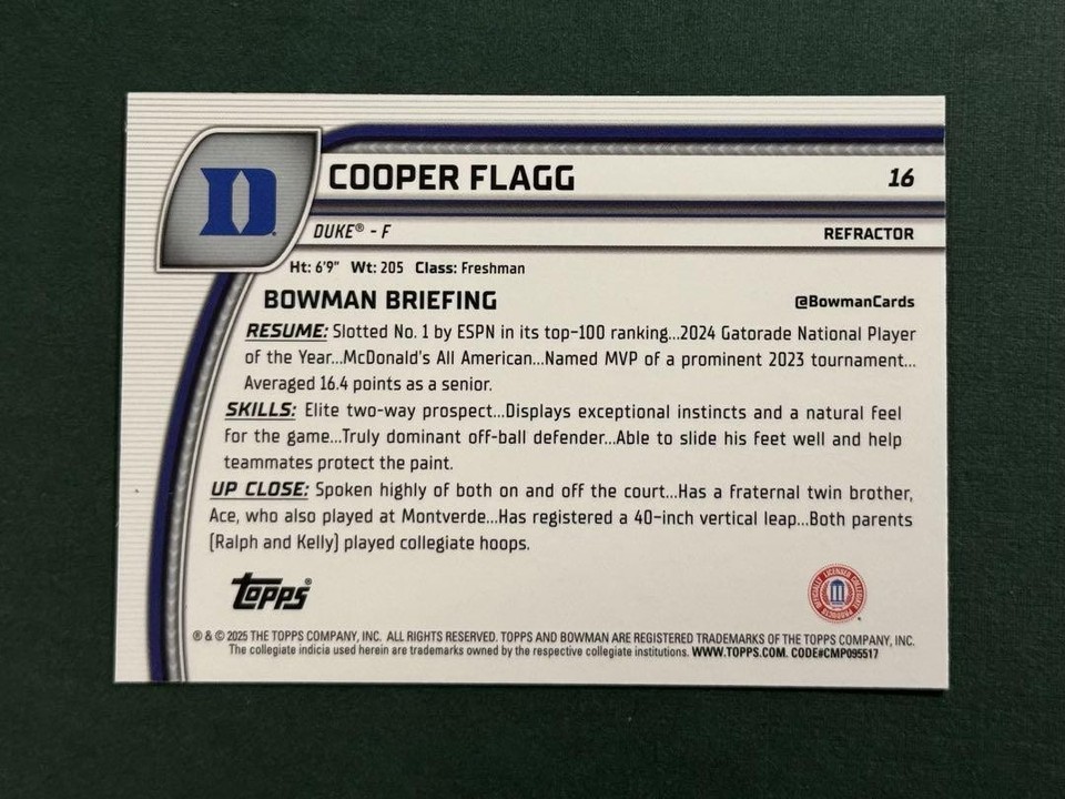 Cooper Flagg 2025 Bowman Chrome U Refractor Duke Basketball Card - Mint ...