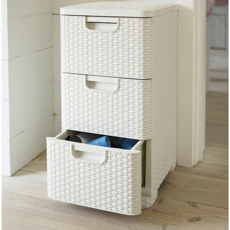 Storage Unit 3 Drawers Tower Plastic Dresser Rattan Brown Cream Robust ...