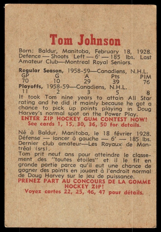 1959-60 Parkhurst Damaged Tom Johnson . Montreal Canadiens #10 | eBay