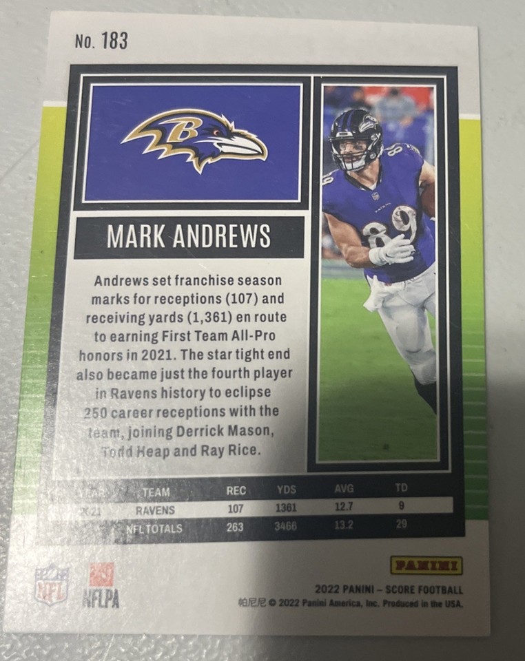 Panini 2022 Score Football Mark Andrews #183 Baltimore Ravens Base Set ...