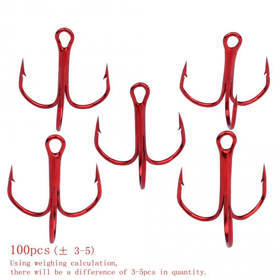 100pcs/Box Red Treble Hooks High Carbon Steel Sharp &Round Bend Size #2 ...