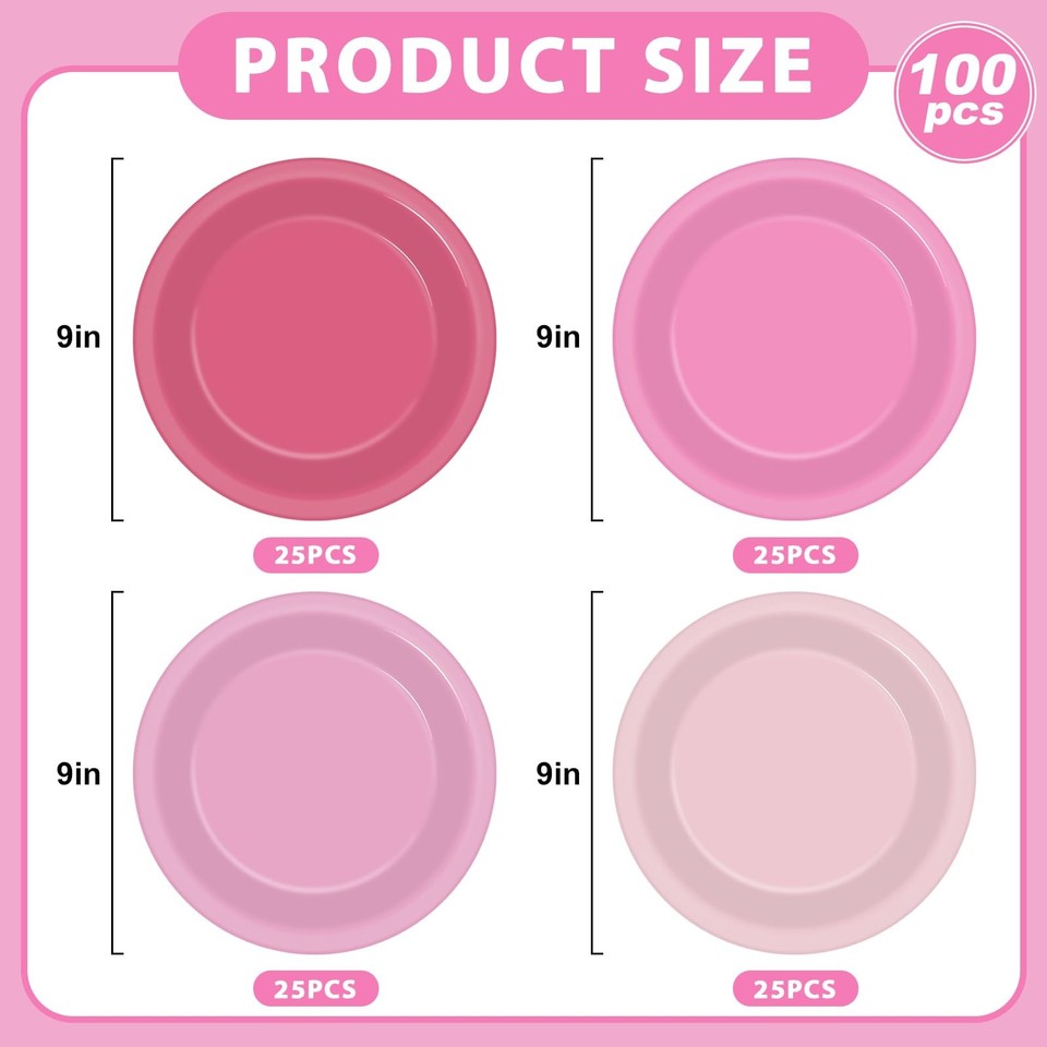 100Pcs Valentines Day Pink Paper Plates 9 Inch Gradient Pink Color ...