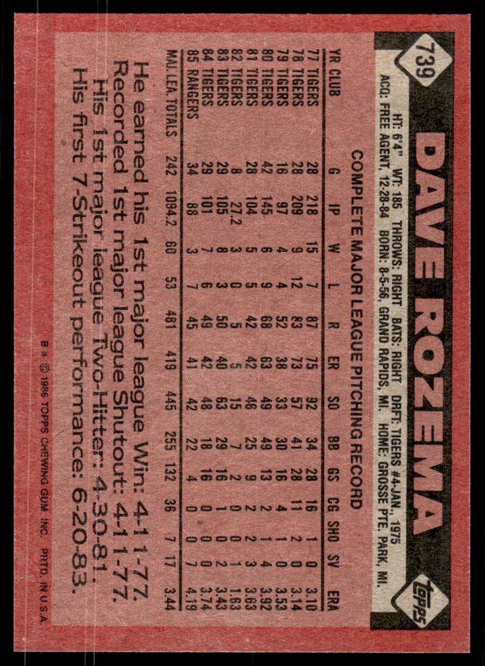 1986 Topps Baseball Card Dave Rozema B Texas Rangers #739 | eBay