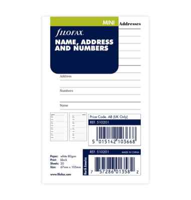 Filofax Mini Size Name Address & Phone Number Notepaper Insert Refill ...