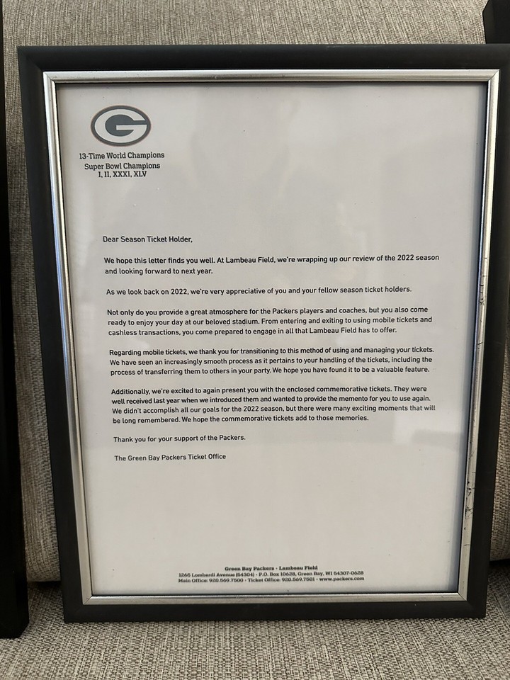 2021 & 2022 Green Bay Packer FRAMED Season Ticket Comm. Tickets & Award ...
