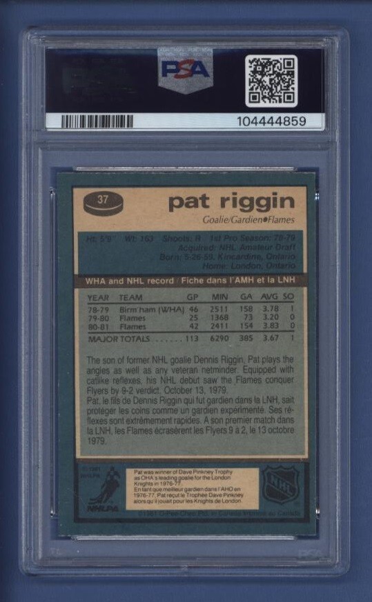1981-82 OPC PAT RIGGIN (rc) #37 PSA 8 NM-MT Calgary Flames *CENTERED ...