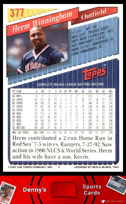 1993 Topps #377 Herm Winningham Boston Red Sox Baseball Card | eBay