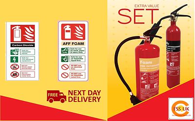 Fire extinguisher set (2kg CO2 + 6ltr AFFF Foam) Home Office Workplace ...