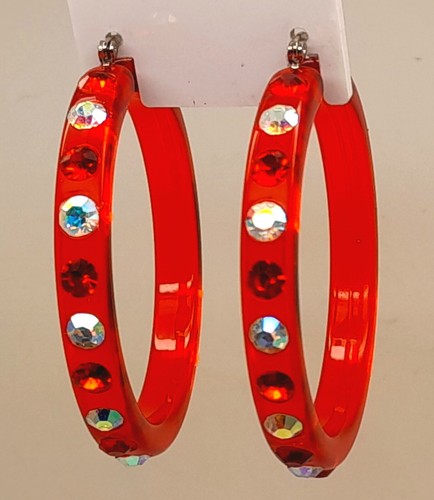 E166 Chunky red Lucite Acrylic wide Hoop red & ab Latch Back Fashion ...